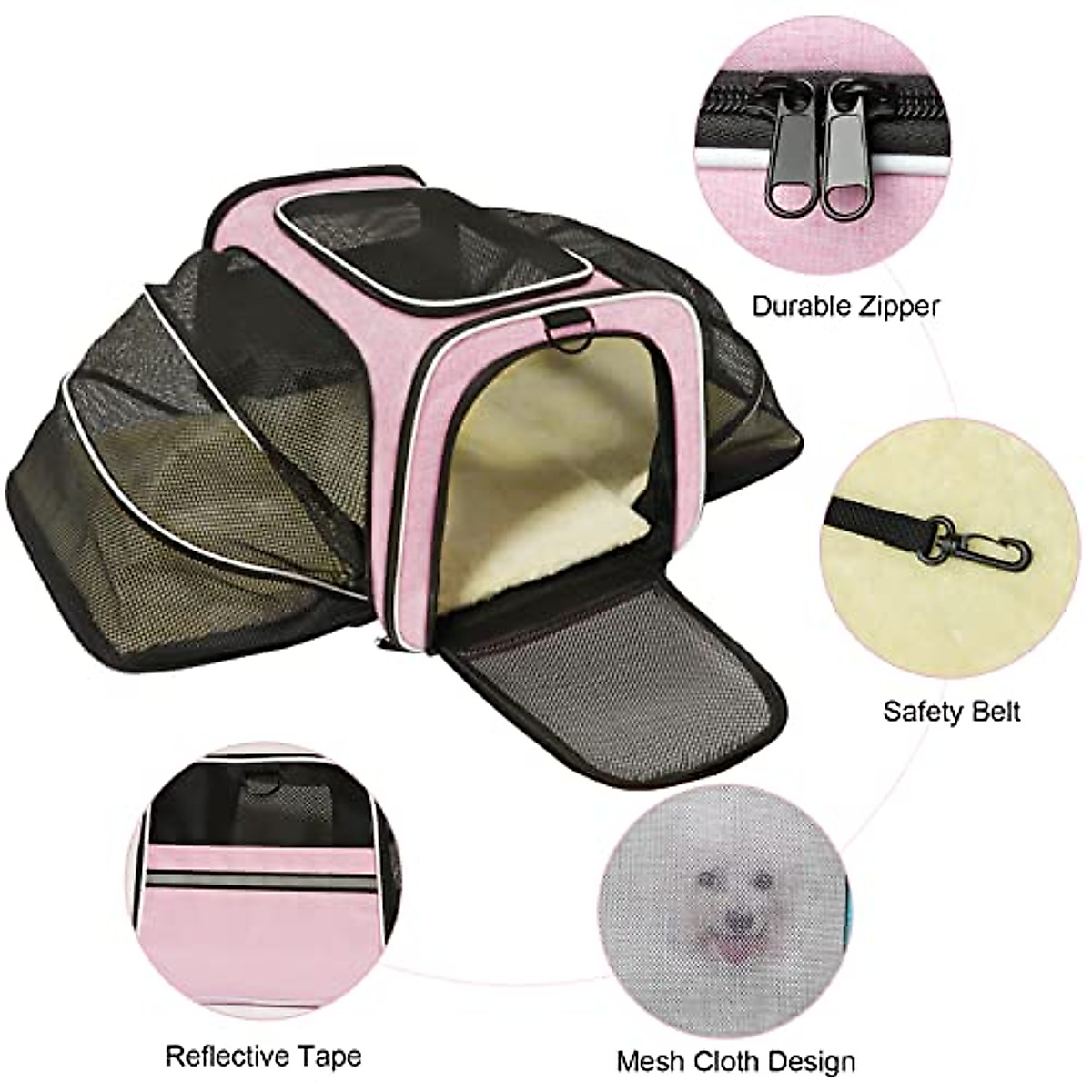Cat Carrier Airline Approved Pet Carrier, Expandable Foldable Soft-Sided Dog Carrier, 3 Open Doors, 2 Reflective Tapes, Pet Travel Bag Safe and Easy for Cats and Dogs(Pink)