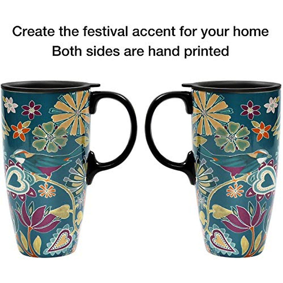 Topadorn Coffee Ceramic Mug Porcelain Latte Tea Cup With Lid 17oz. Floral Symphony, Green Bird