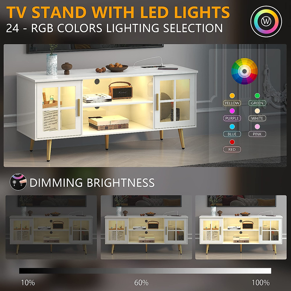 LVSOMT Modern TV Stand with Storage, Entertainment Center Cabinet for Living Room, Media Console with 24 Color Lights (Pearl White - RGB)