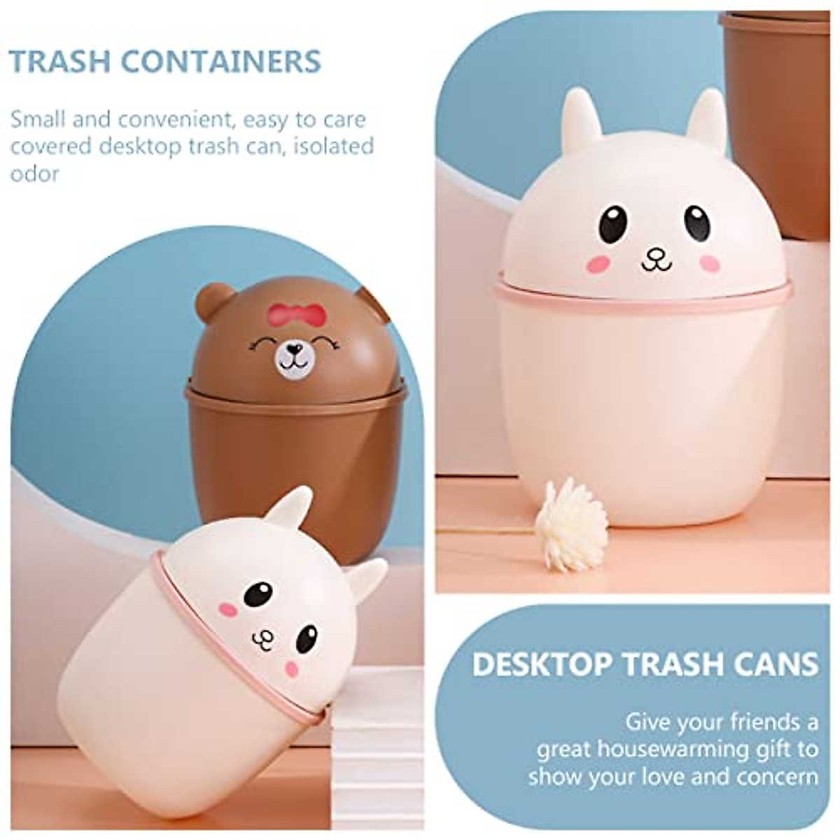 Housoutil Mini Trash Can with Lid Rabbit Shaped Desk Mini Garbage Container Cute Desktop Basket Can Closable Trash Bin for Office Bedroom