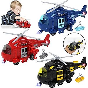 Helicopter Toys for Boys [3 Pack] | Kids Rescue Play Set Friction Powered with Realistic Lights & Sounds | Includes Police, Fire & Rescue Team