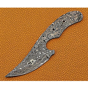 7.5 inches long hand forged rain drop pattern Damascus steel trailing point blank blade skinning knife, 3" long sharp cutting edge, 4" scale space with 6 pins hole
