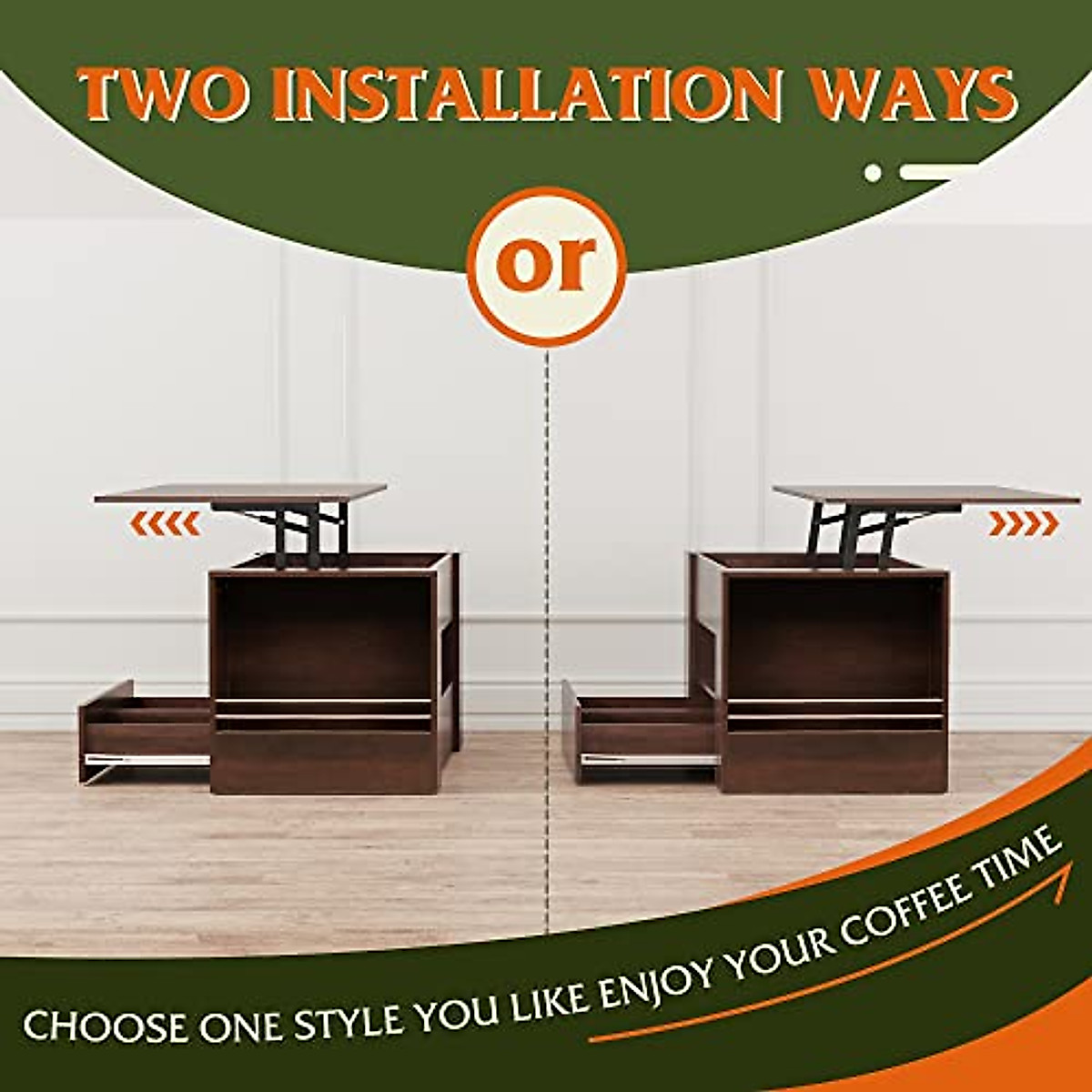 WLIVE Lift Top Coffee Table with Storage,Small Coffee Table with Drawers for Living Room,Hidden Compartment and Open Shelf,Central Table for Reception Room,Espresso