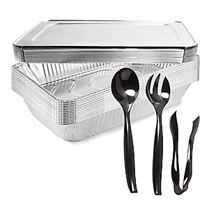 Durable Full Size Deep Aluminum Foil Roasting & Steam Table Pans – Perfect for Large Meal Prep – Includes FREE 3PCs Serving Utensils for Convenient Catering- 10 Ct