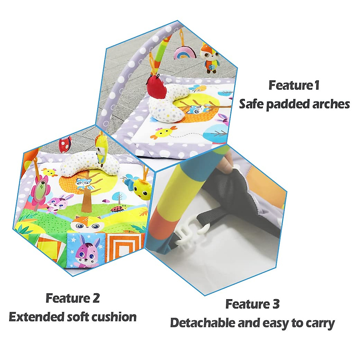 KAKIBLIN Baby Play Gym Mat, 4 in 1 Tummy Time Activity Play Mats for Baby with 5 Detachable Toys, Foldable Baby Playmats Floor Gyms for Easy Transport, Playpen Function, 80 x 70 CM, Purple