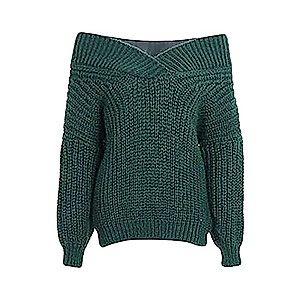Women's Off Shoulder V Neck Knit Sweater Long Sleeve Waffle Knit Pullover Casual Loose Cable Jumper Tops (3X-Large,Green)