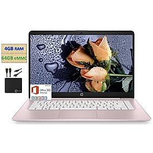 2021 Newest HP 14 inch Thin Light HD Laptop Computer, Intel Celeron N4000 up to 2.6 GHz, 4GB DDR4, 64GB eMMC, WiFi , Webcam, 1-Year Office 365, Up 11 Hours, Windows 10 S, Pink + MarxsolCables