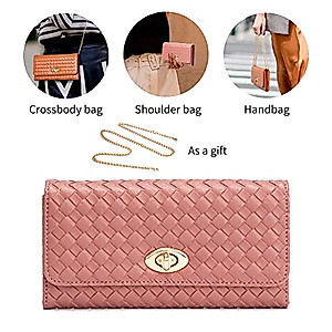 U+U Small Wallet Purses for Women Crossbody Bag Woven Credit Card Holder with Detachable Metal Chain Cell Phone Purse Women's Shoulder Handbags(Pink)