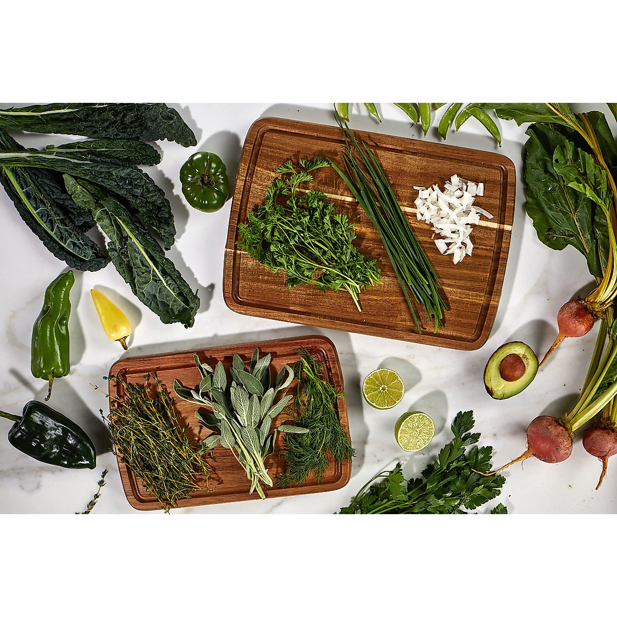 Set of 2 Sonder Los Angeles Acacia Wood Cutting Boards with Juice Groove, Gift Box Included - Small & Medium Sizes: 14x10x1in & 12x8x1in. Ideal for Meat, Vegetables, and Organic Produce Sustainable