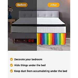 Rainbow Bed Skirt Queen Size 16 Inch Drop, Adjustable & Elastic Wrap Around Bed Skirts Pleated Luxury Dust Ruffles for Twin Full Queen Cal King Base Bed, Abtract Ombre Colorful Geometric Stripes