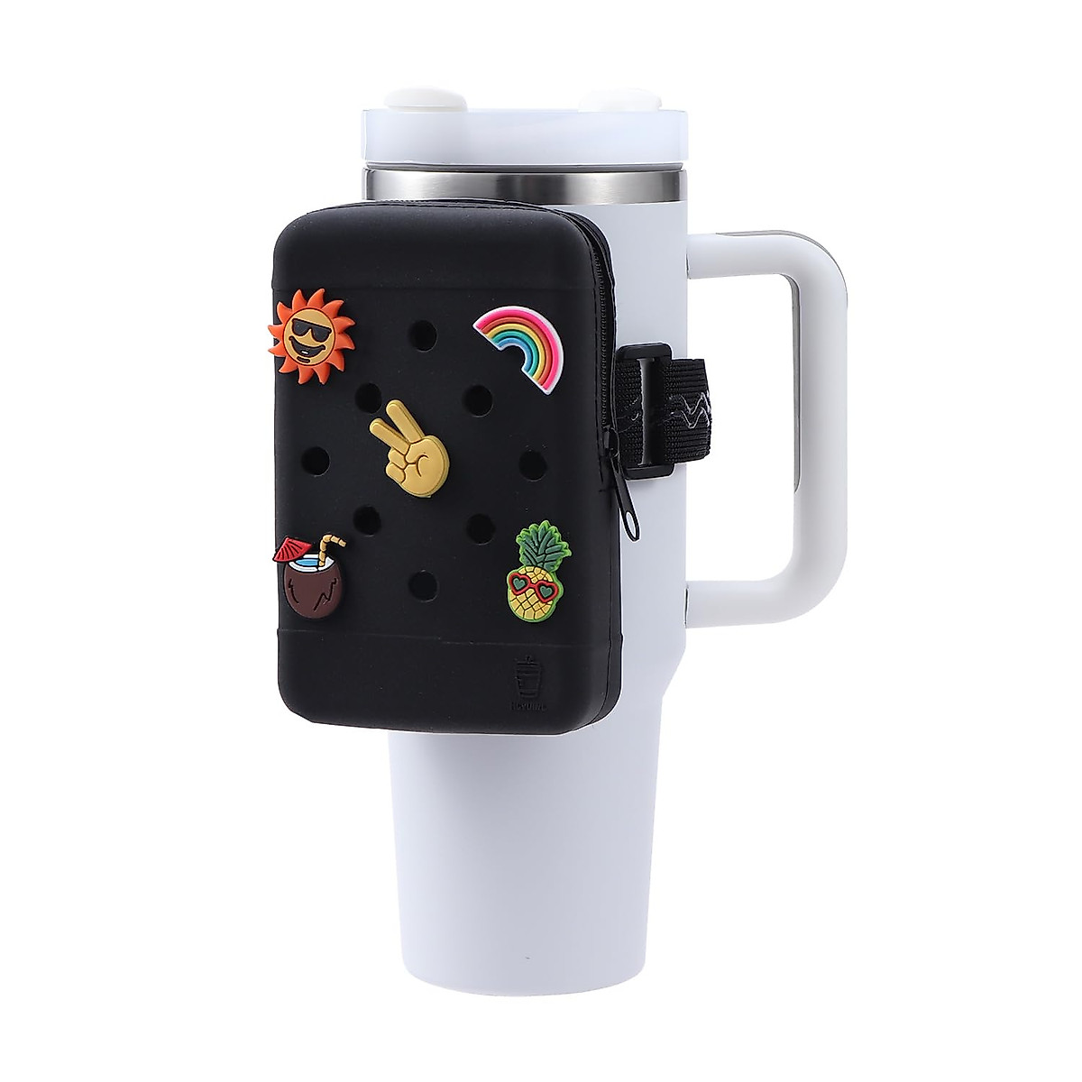 HCVUINL Silicone Water Bottle Pouch with 5 Charms, Water Bottle Handheld Caddy for Quencher Adventure 40oz & Stanley IceFlow 20oz 30oz,Tumbler Pouch Sports Gym Bottle Accessories,Black