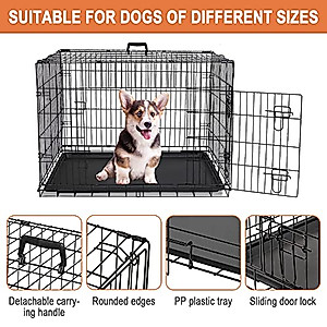 30/36/42Inches Double Door Dog Crate Folding Metal Wire Dog Kennel Cage with Tray for Small/Medium/Large Dogs Indoor Outdoor Travel Use