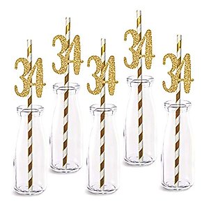 34th Birthday Paper Straw Decor, 24-Pack Real Gold Glitter Cut-Out Numbers Happy 34 Years Party Decorative Straws
