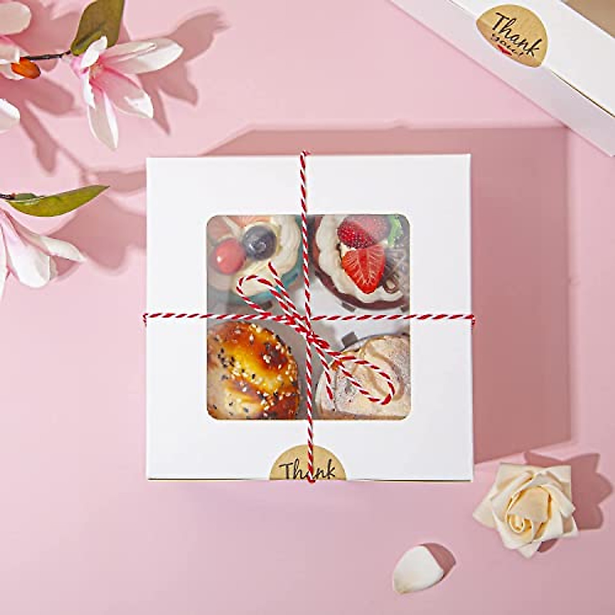 ST.LORIAN 30 Packs Bakery Cupcake Boxes with Window and Inserts 4 Holders,Twine and Stickers,6x6x3 Inch Food Grade Cookie Boxes for Muffins,Small Cakes,Cupcakes(30 Pack, White)