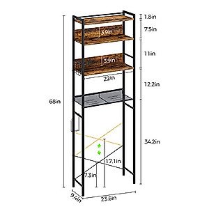 Rolanstar Over The Toilet Storage, 4-Tier Wooden Bathroom Space Saver with Hooks, Freestanding Bathroom Organizer, Multifunctional Over The Toilet Storage Rack, Bathroom Toilet Rack, Rustic Brown