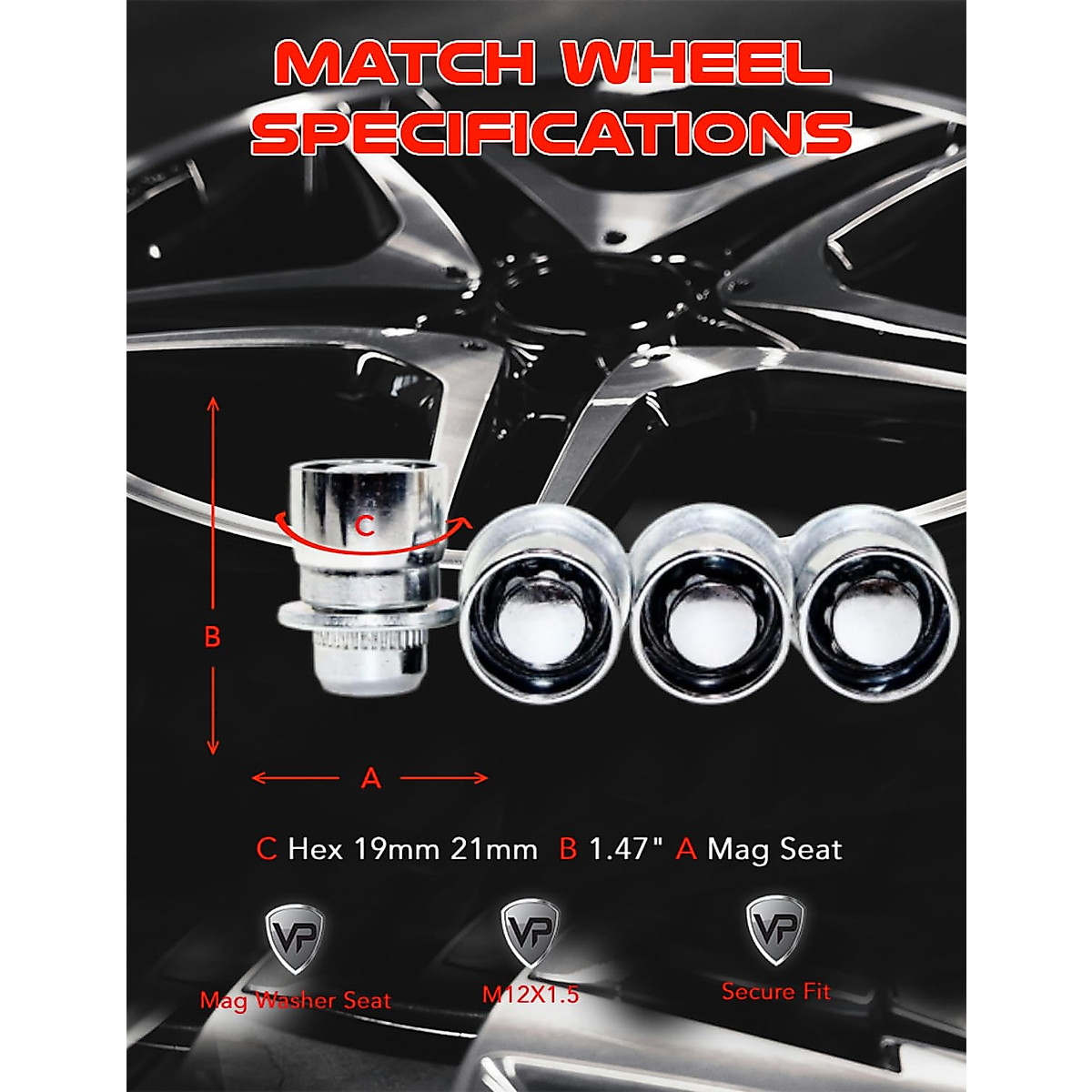 Set of 4 12x1.5 Veritek OE 1.47 Inch Mag Factory Style Replacement Chrome Lug Nut Wheel Locks with 2 Zinc Keys for Factory Wheels VPE-45700N2CH