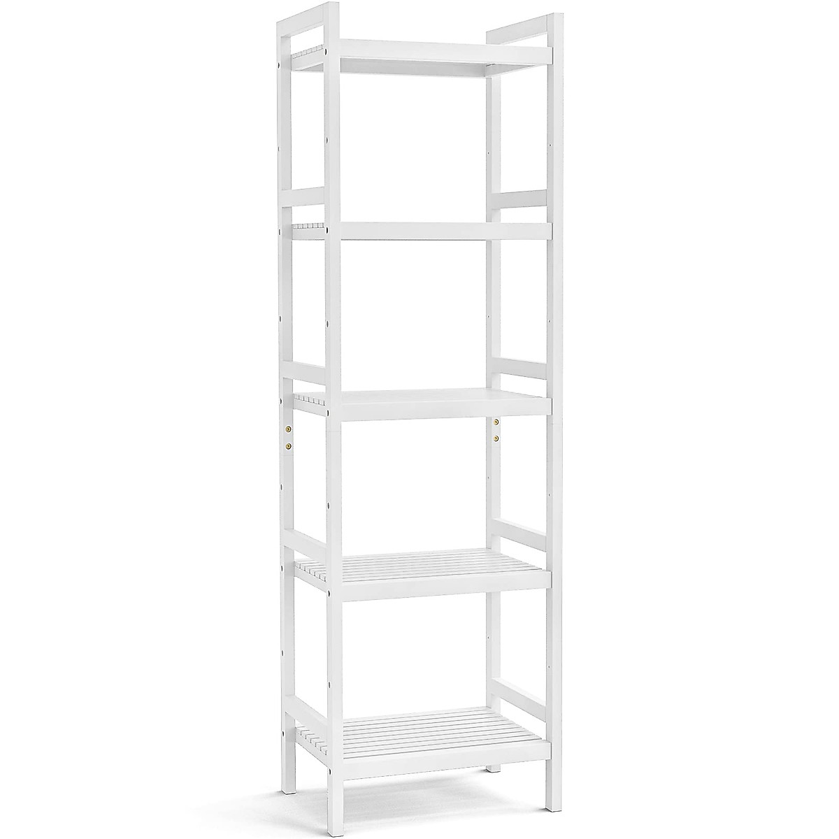 Homykic Bamboo Bookshelf, 5-Tier Narrow 55.9” Adjustable Book Shelf Bookcase Bathroom Shelves Freestanding Storage Stand for Living Room, Bedroom, Kitchen, Rust Resistance, Easy Assembly, White