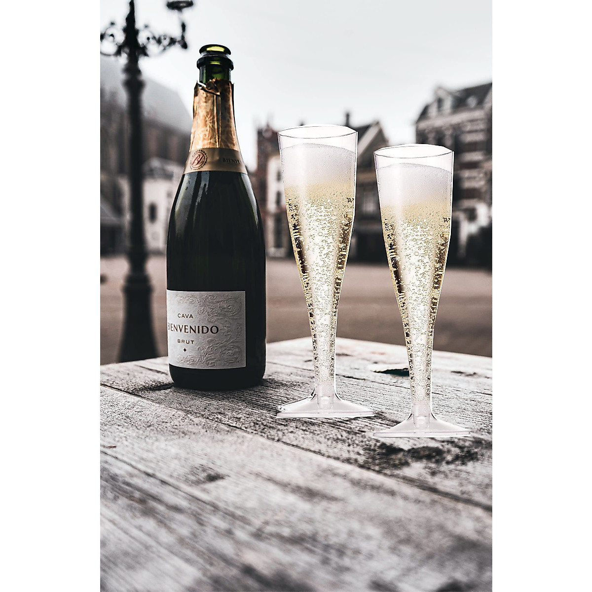 BloominGoods Plastic Champagne Glasses, 50-Pack Disposable or Reusable Large Champagne Flutes, 7 oz