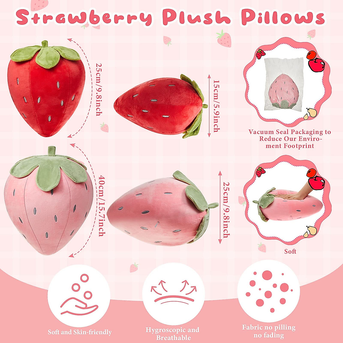 Juexica 2 Pcs Strawberry Plush Pillows Fruit Kids Pillow Soft Kawaii Strawberry Decor Aesthetic Cute Pillows Stuffed Strawberry Pillow for Room Home Car Decoration Birthday Gifts, Red Pink