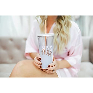 Pearhead Miss to Mrs. Tumbler, Travel Mug, Reusable Coffee Cup, Bride to Be Wedding Accessory, Bachelorette Accessory, 22oz Tumbler with Lid and Straw