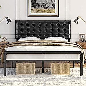 Yaheetech Queen Size Bed Frame, Metal Platform Bed with Faux Leather Height-Adjustable Headboard/12 Inch Underbed Storage/Noise Free/No Box Spring Needed/Industrial Pipe Foot End, Elegant Black