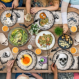 DYLIVeS Halloween Party Supplies Kit, Halloween Skull Bats Disposable Tableware, Includes Dinner Plates, Dessert Plates Napkins Cups Forks, Halloween Birthday Party Decorations Adults, Serve 24
