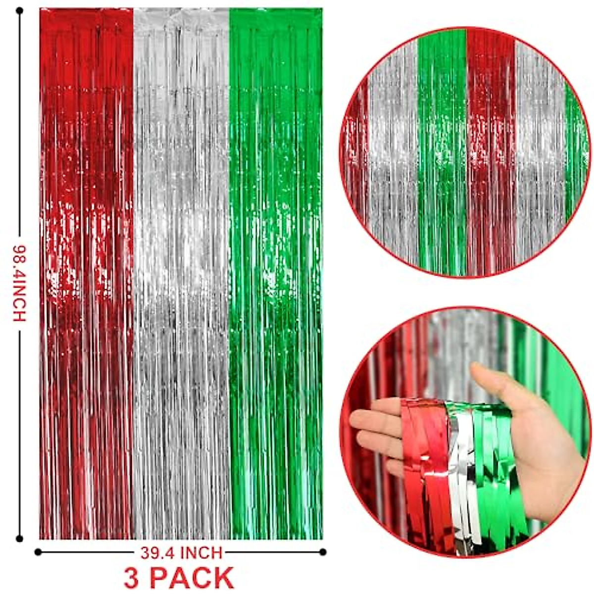 3 Packs 3.3ft x 6.6ft Christmas Foil Fringe Curtains Christmas Party Decoration Red Silver Green Tinsel Foil Fringe Curtains Shiny Metallic Backdrop Photo Booth Props for Christmas Party Supplies