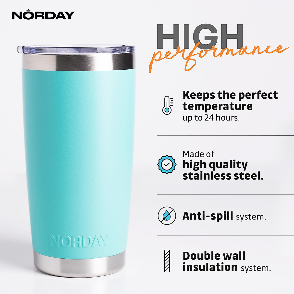 NORDAY | 20oz Vacuum Insulated Travel Cup With Lid - Aqua | Stainless Steel Double Wall Coffee Tumbler - Keeps Temperature up to 24hr - Anti Spill Lids