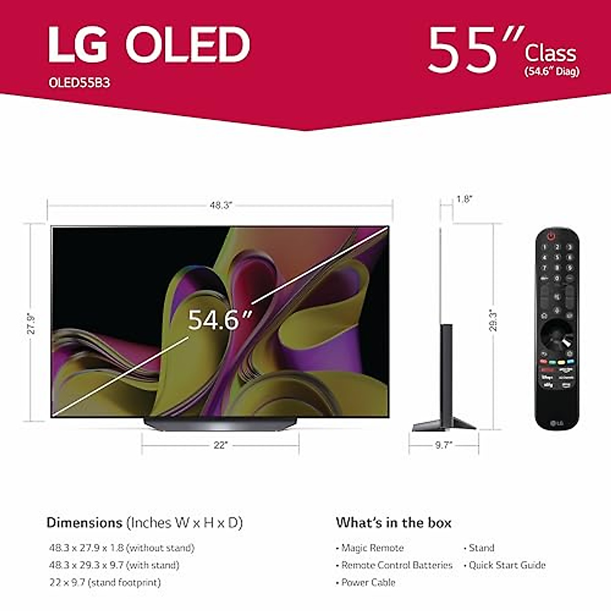 LG B3 Series 55-Inch Class OLED Smart TV OLED55B3PUA, 2023 - AI-Powered 4K TV, Alexa Built-in, Black
