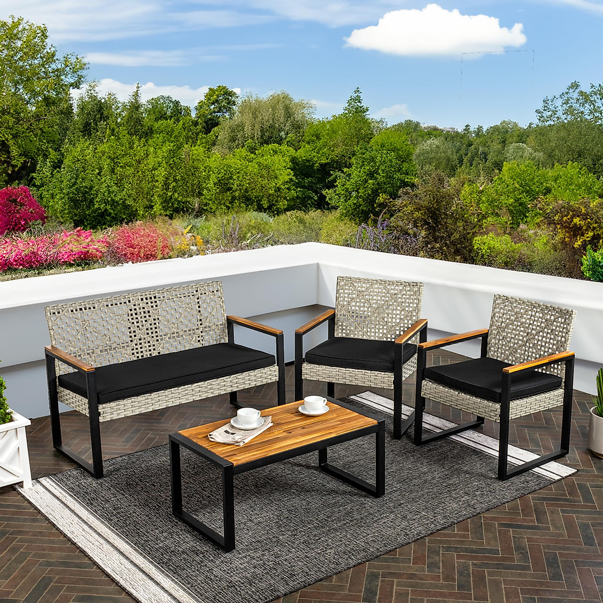 JONATHAN Y LVG1102C-4SET Wilder 4-Piece Modern Coastal Faux Wicker Conversation Outdoor Patio Set Industrial, Farmhouse, Mid-Century, Classic, Contemporary, Minimalist, White Wash/Black/Natural