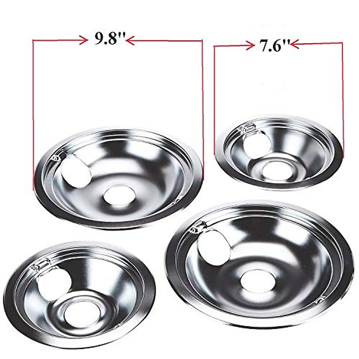 KITCHEN BASICS 101 Made in the USA WB31T10010 and WB31T10011 Replacement Chrome Drip Pans for GE/Hotpoint Electric Range with Locking Slot - Includes 2 6-Inch and 2 8-Inch Pans, 4 Pack