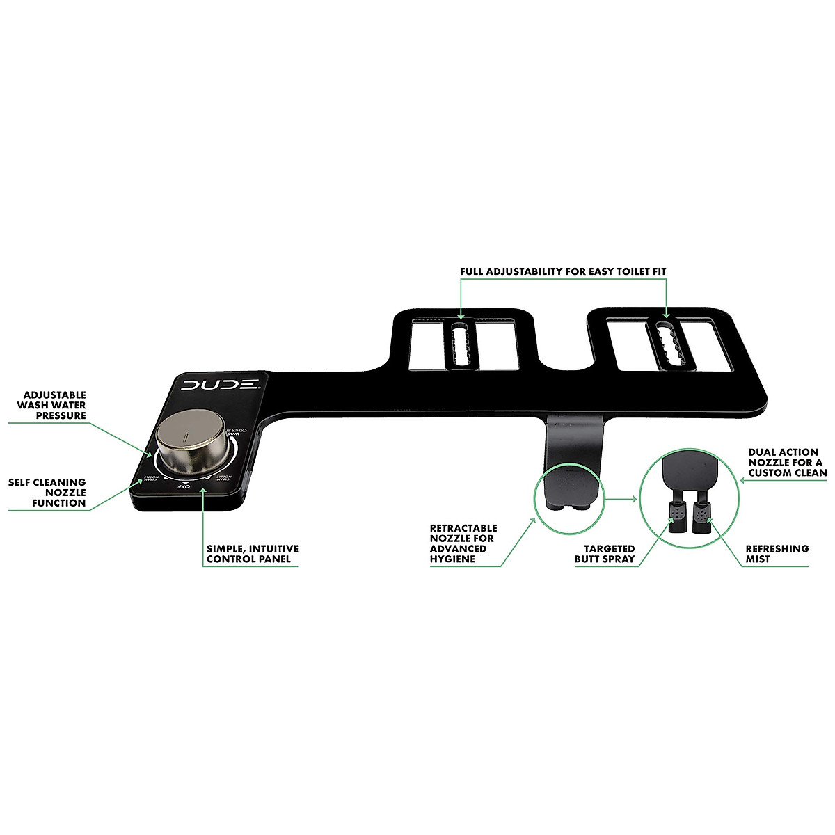 DUDE Wiper 1000 - Bidet Attachment - Black Dual-Action Nozzle and Control Panel - Easy Installation - Fits Most Standard Toilets