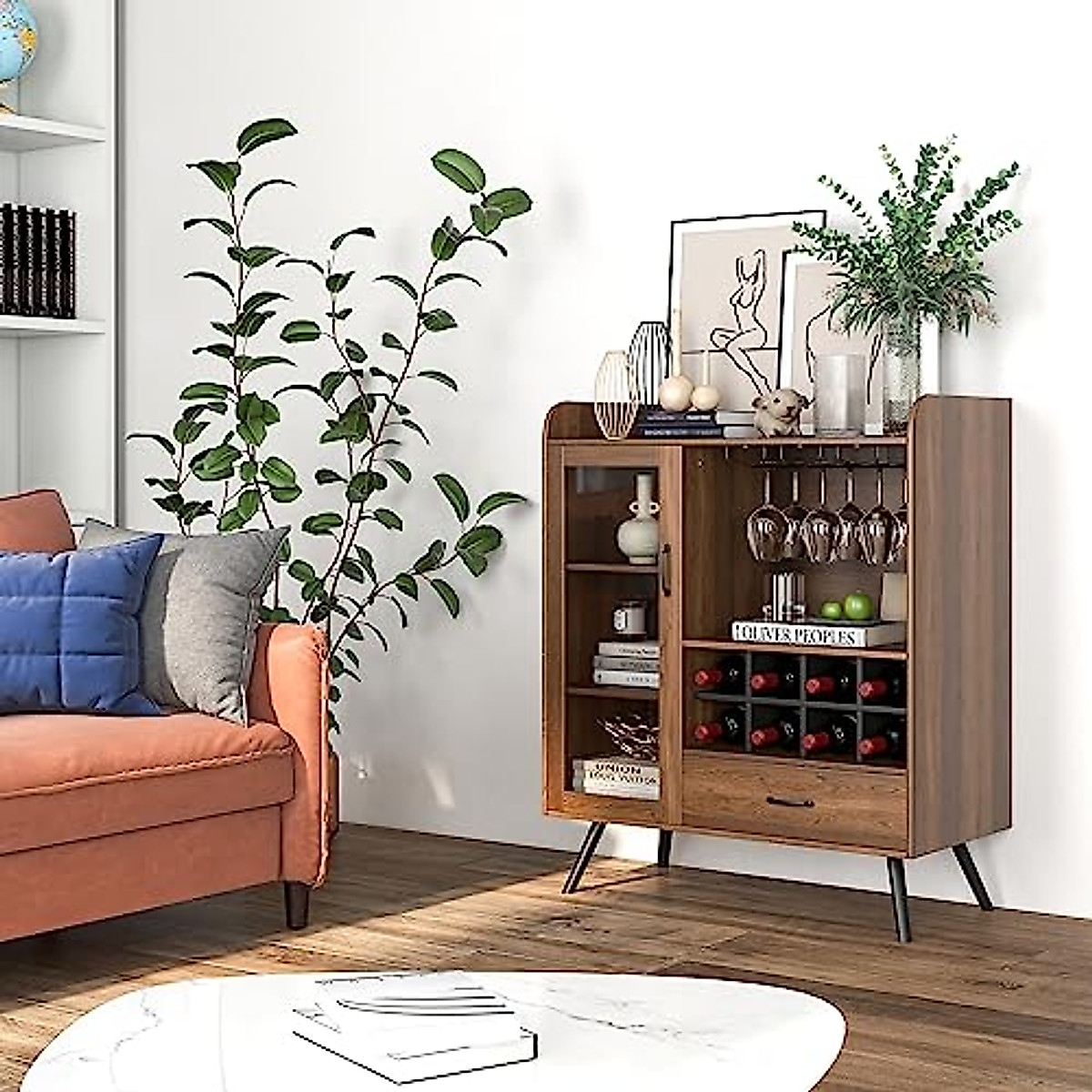 LOKO Wine Bar Cabinet, Farmhouse Coffee Bar Cabinet with Tempered Glass Door, 3-Row Glass Holder & 8-Grid Wine Rack, Buffet Sideboard with Wine Display, Rustic Brown