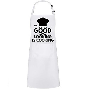 Hyzrz Funny Aprons for Men, Women - Mr. Good Looking is Cooking - Gifts for Fathers Day, Mothers Day, Birthday - Cooking Grilling BBQ Chef Apron (White)
