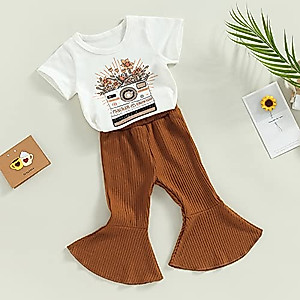 Summer Outfit Infant Baby Girl Floral Short Sleeve T-Shirt Tops and Flared Pants Toddler Girls Kids 2PCS Clothes Set (White, 18-24 Months)