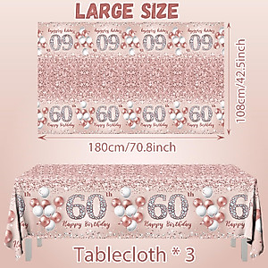 CMUSKO 3 Pack 60th Birthday Tablecloth Decorations for Women, Pink Rose Gold Table Cover Happy 60 Birthday Theme Party Supplies, 60 Year Old Birthday Plastic Rectangular Table Cloth Decor