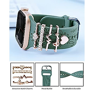 Watch Band Charms (Band Included), Compatible with Apple Watch Band 38mm 40mm 41mm, ORATYFAN Floral Engraved Silicone Bands & Metal Decorative Ring Loops Accessories for iWatch Series se 8 7 6 5 4 3 2 1
