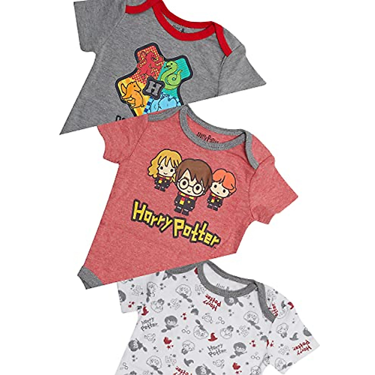 Harry Potter Baby Boys’ Short Sleeve Bodysuit Multipack Gift For Baby Girl or Boy Baby Clothes (3 Pack Red-White-Grey, 3-6 Months)