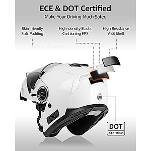 YEMA Modular Motorcycle Helmets, DOT Approved Full Face Motorcycle Helmet with Flip Up Dual Visor, Helmets for Adults Motorcycle Men Women Helmets for Street Scooter ATV E-bike - YM-926 White