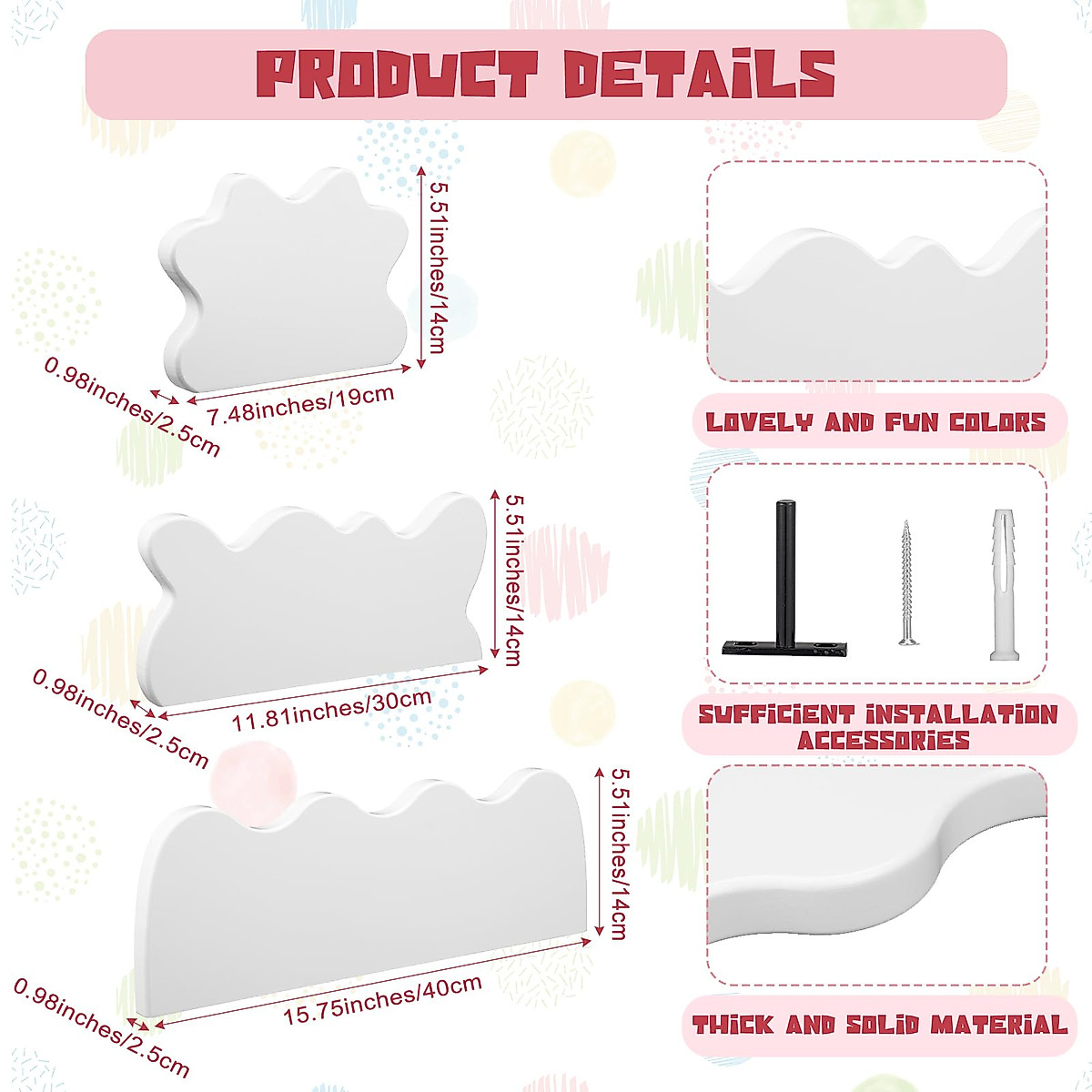 Geetery 3 Pcs Wavy Floating Shelves Cute Cloud Shelves Kawaii Danish Room Decor Funky Squiggle Wall Shelf Preppy Book Shelf for Wall Bedroom Bathroom Display (White)