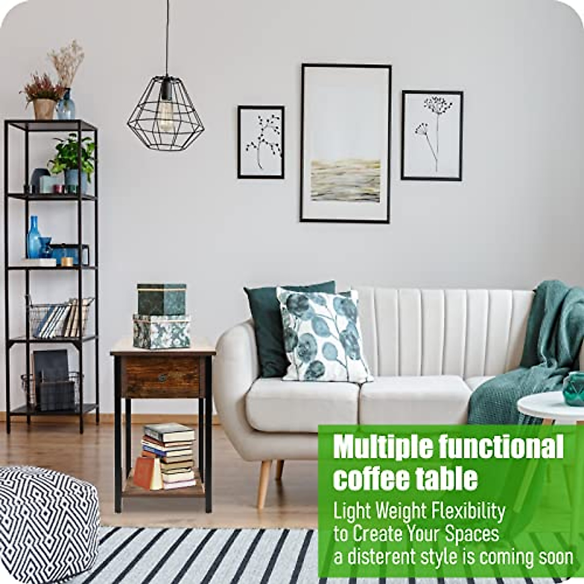 ECOMEX 2-Tier Nightstand Side Table with Wooden Drawer and Open Wooden Shelf Solid Metal Legs Rustic Brown Industrial Wooden Bed Side Table for Bedroom Living Room Small Space, Tall