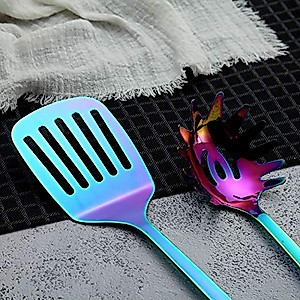 HOMQUEN Stainless Steel Kitchen Utensil Set - 5 Cooking Utensils, Rainbow Color Nonstick Kitchen Utensils Set, Colorful Titanium Plated Set Kitchen Tools Gadgets