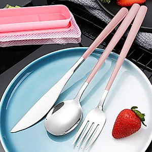 5 Pcs Portable Stainless Steel Flatware Set, Travel Reusable Utensils Set, Cutlery Set Including Knife, Fork, Spoon, and Carry Case for School, Office, Camping, and Picnic (pink)