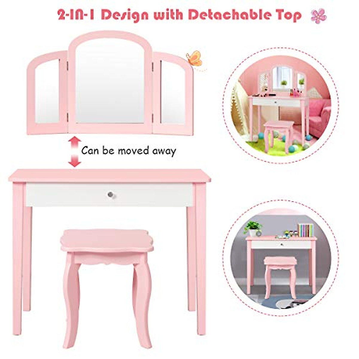KOTEK Kids Vanity Set w/Tri-Folding Mirror, Princess Makeup Dressing Table w/Detachable Top & Drawer, 2-in-1 Vanity Table and Chair Set, Pretend Beauty Play Vanity for Girls (Pink)