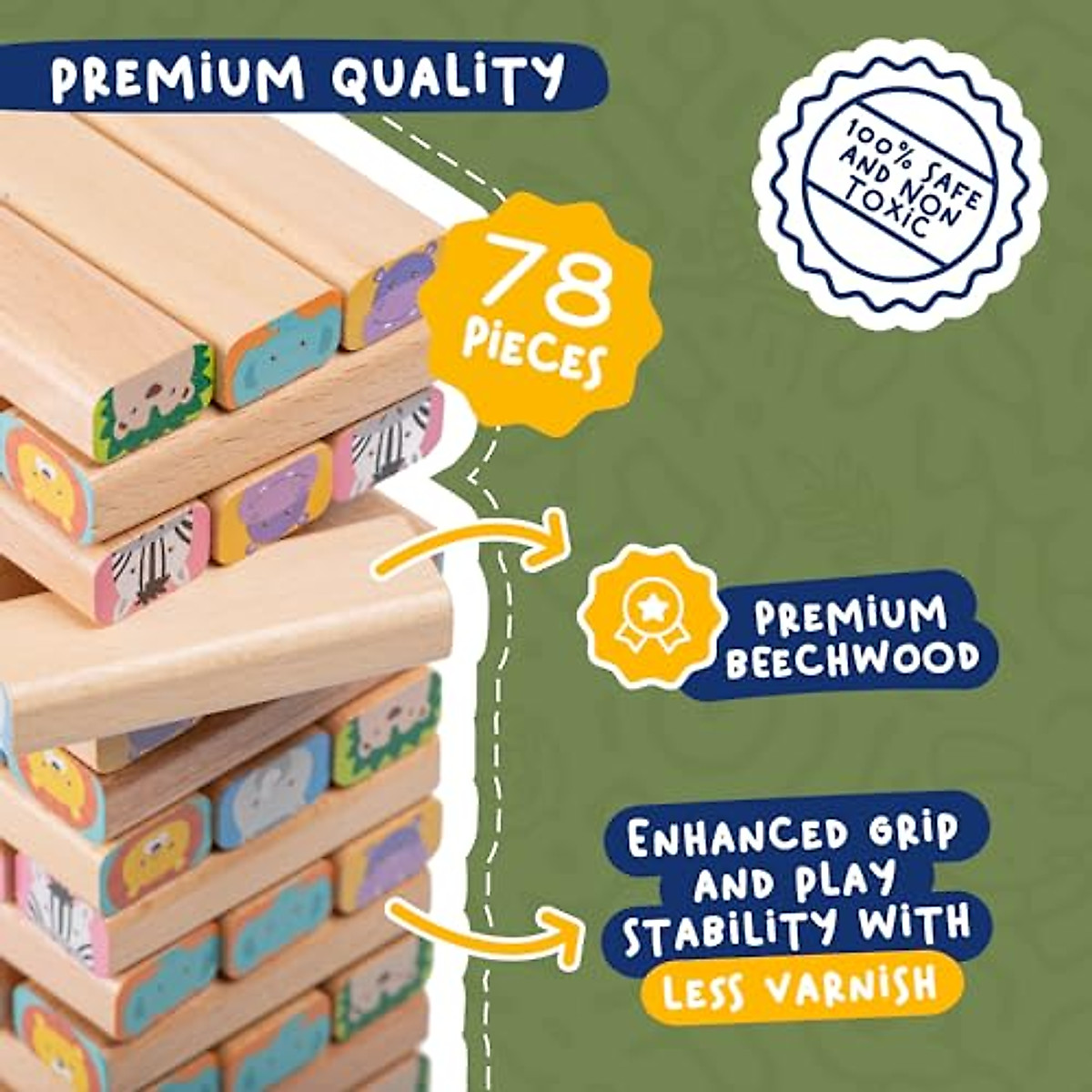 Nene Toys Wooden Block Stacking Game – 4-in-1 Tumble Tower Family Board Game with Building Blocks, Cards and Dice – African Safari Educational Wooden Toy for Kids 3-9 Years Old About Animals