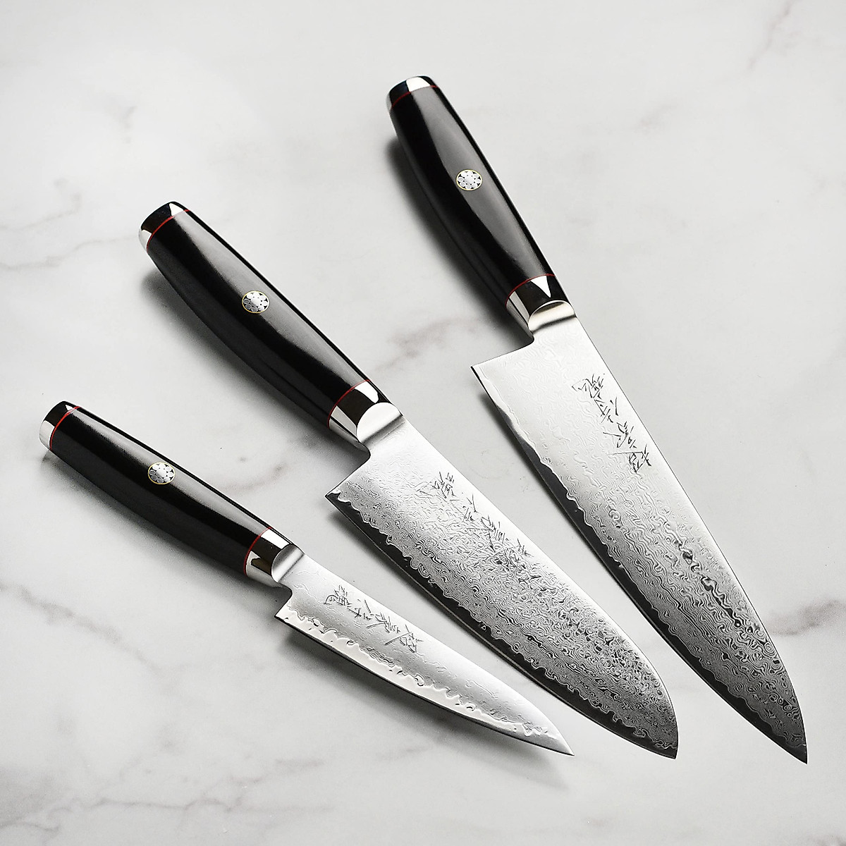 Yaxell Ypsilon SG2 Knife Set, 3 Piece with Katana Stand - 193 Layer Stainless Damascus