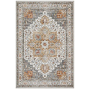 Area Rugs for Living Room: 8x10 Rug for Bedroom Machine Washable with Non Slip Backing Non Shedding, Boho Medallion Floral Large Carpet for Dining Room Nursery Home Office Indoor Decoration Grey/Gold