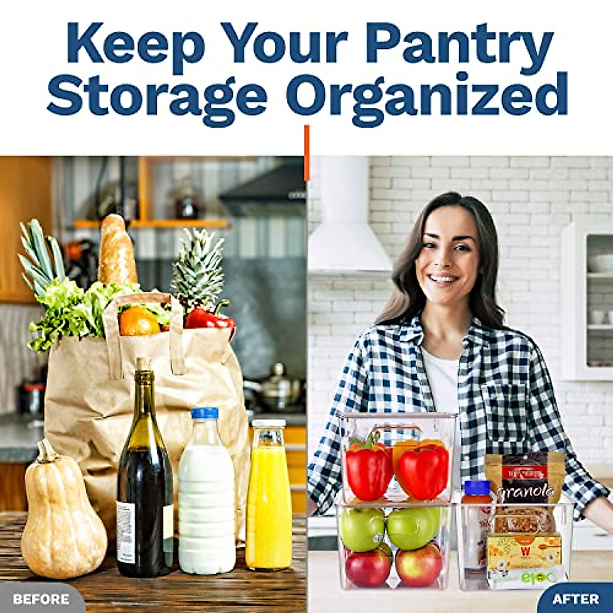 Homeries Pantry Organization And Storage bins With Lids, for Refrigerator, Freezer, Bedroom & Bathroom Shelves - 11.37"x8"x6.25" Large Stackable Clear Plastic Storage Bins for Kitchen Items,