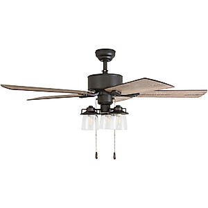 Prominence Home River Run, 52 Inch Farmhouse LED Ceiling Fan with Light, Pull Chain, Three Mounting Options, 5 Dual Finish Blades, Reversible Motor - 50566-01 (Bronze)