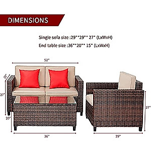 SUNCROWN 4-Piece Outdoor Patio Wicker Furniture Sofa Set, Sectional Conversation Set with Cushions & Tempered Glass Table